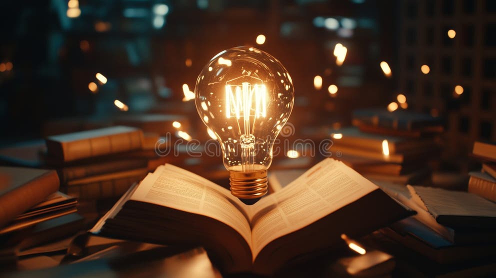 Books Surround a Glowing Light Bulb Stock Image - Image of education ...