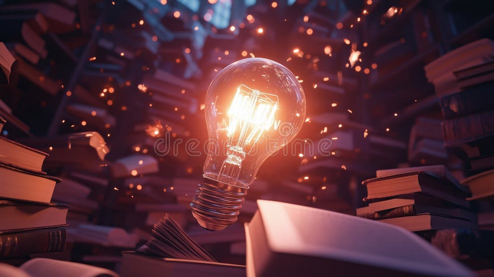 Books Surround a Glowing Light Bulb Stock Image - Image of research ...