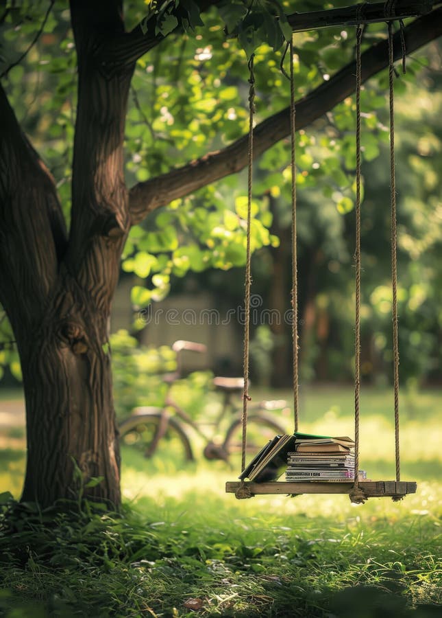 Books on Swing in the Garden. an Old Wooden Swing Hanging from a Tree ...