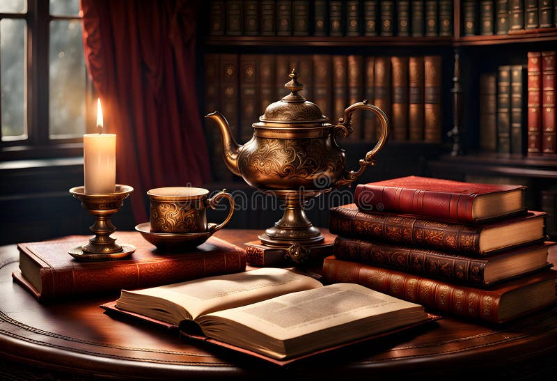 Books on a Table in an Old Library Room with a Teacup and Teapot ...