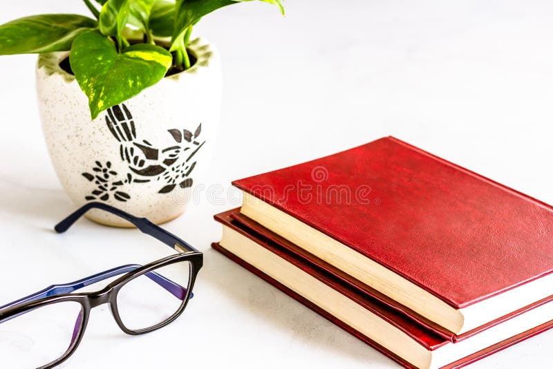 Books on the Table Top with Spectacles and Plant Stock Photo - Image of ...