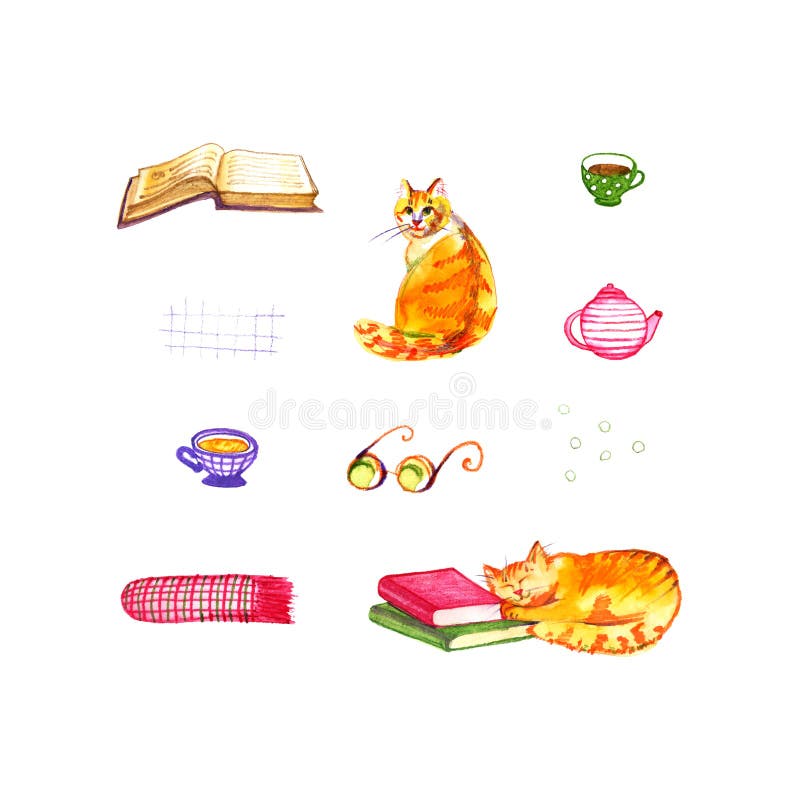 Books, Tea, Cat. Books Stack with Cup of Tea and Sleeping Cat. Cute ...