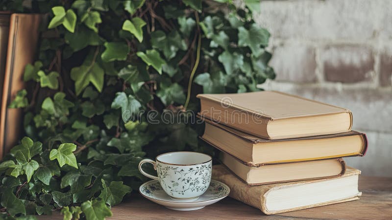 Books and Teacup on Table beside Trailing Ivy Plant. Stock Photo ...