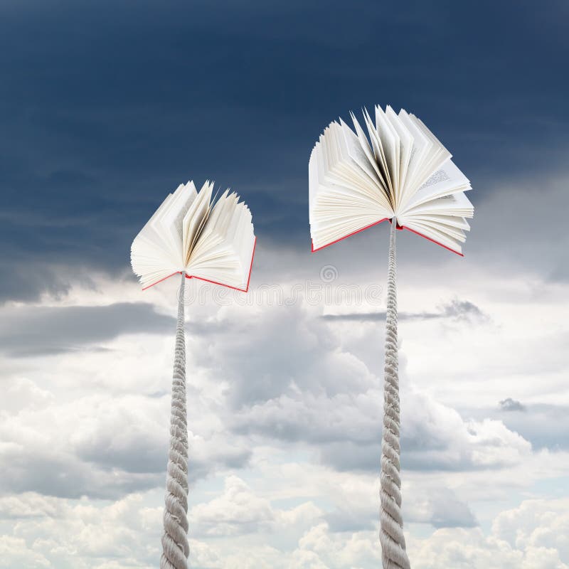 Books Tied on Ropes Soars into Rainy Sky Stock Image - Image of rainy ...