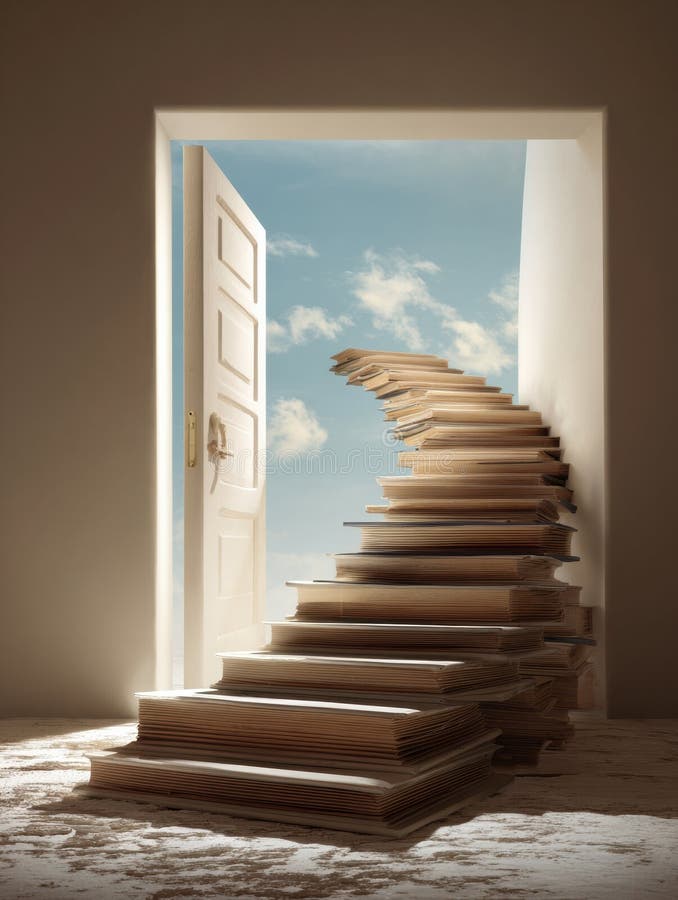 Books Transform into a Staircase Leading To a Bright Doorway with an Open Path Toward the Sky ...