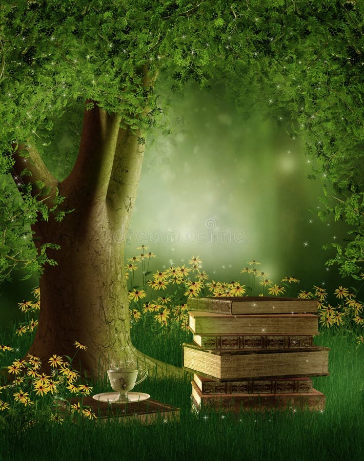 Books under a tree stock illustration. Illustration of grass - 25998734