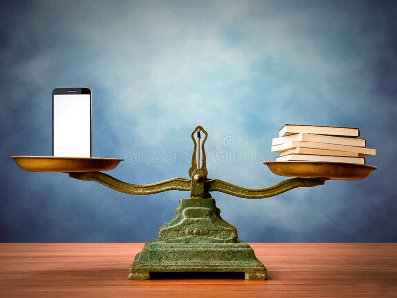 Books vs. Phone on a Scale stock illustration. Illustration of balance ...