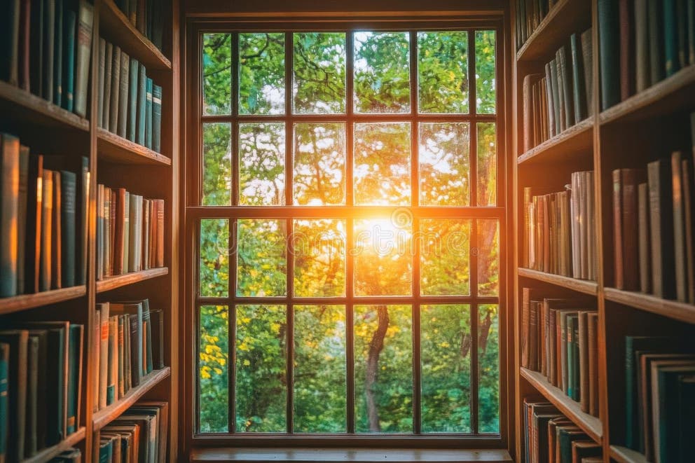 Books and Window Frame View with Sunlight through Trees, Study Room ...