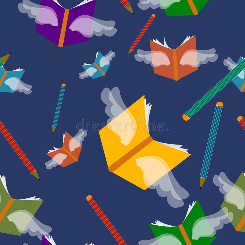 Books with Wings Flying in Dark Blue Sky Stock Illustration ...