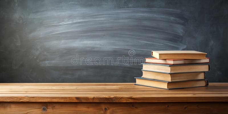 Books on Wooden Desk with Chalkboard Background - a Stack of Books and ...