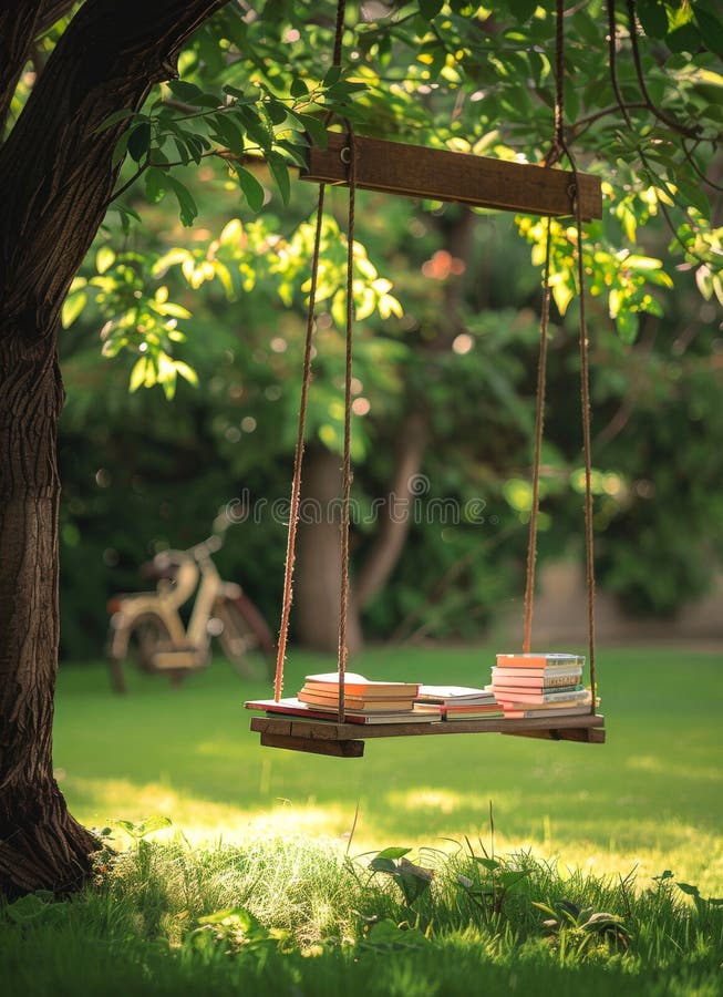 Books on Wooden Swing in the Park and Bicycle Stock Image - Image of ...