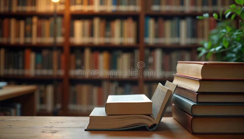 Books on Wooden Table in Library. Open Book Displayed Next To Stack of ...