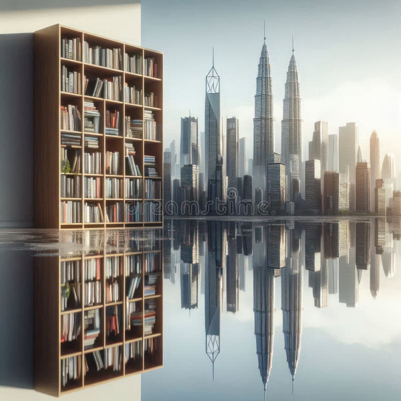 A Bookshelf with a Big City in the Background. Stock Photo - Image of ...