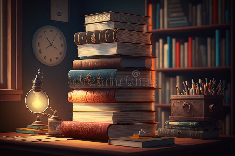 Bookshelf Filled with Books and Stack of Paper, in Study or Office ...