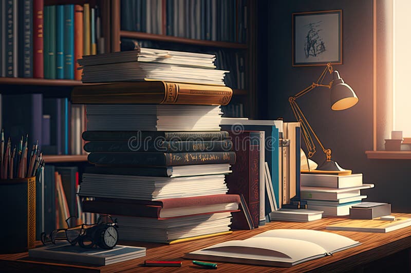 Bookshelf Filled with Books and Stack of Paper, in Study or Office ...