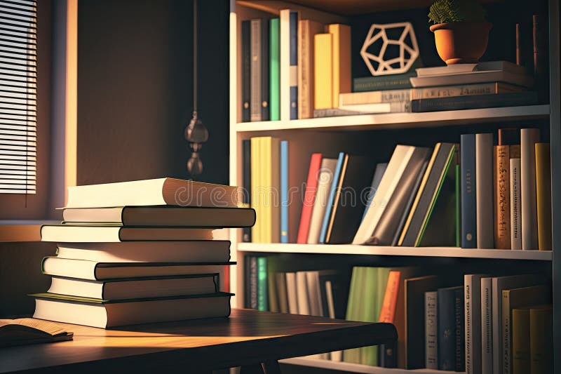Bookshelf Filled with Books and Stack of Paper, in Study or Office ...