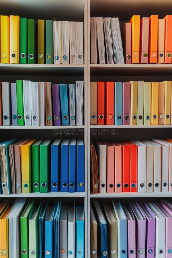 A Bookshelf Filled with Variously Colored Binders, Suitable for ...