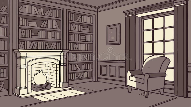 Bookshelf Fireplace Interior, Cozy Home and Reading Room Scene Vector ...