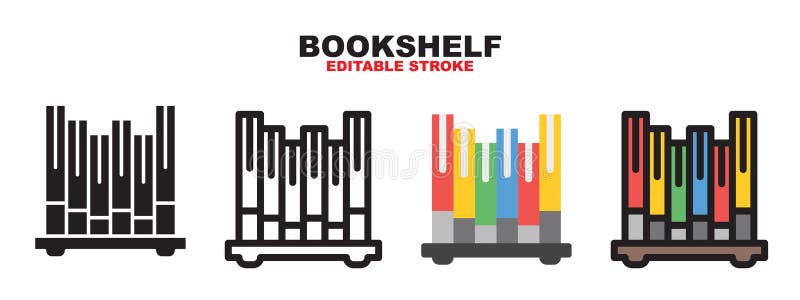 Bookshelf Icon Set with Different Styles. Editable Stroke and Pixel ...