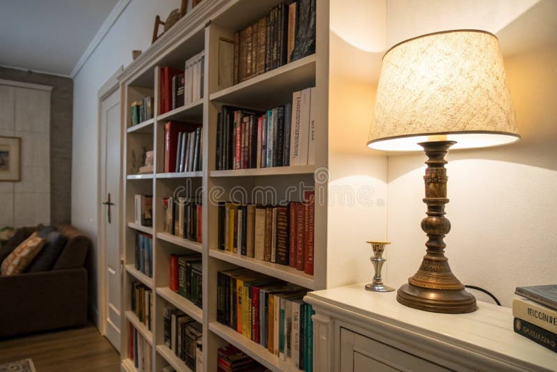 Bookshelf with Lamp and Books Stock Image - Image of room, stylish ...