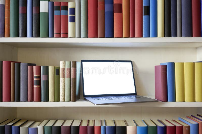 Bookshelf with laptop stock photo. Image of book, computer - 172928606