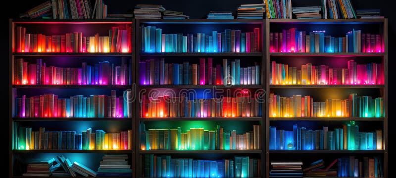 Bookshelf with Neon Glowing Books: a Surreal and Magical Scene Stock ...