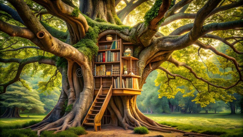 Bookshelf in the Old Tree Forest. 3D Rendering Stock Illustration ...