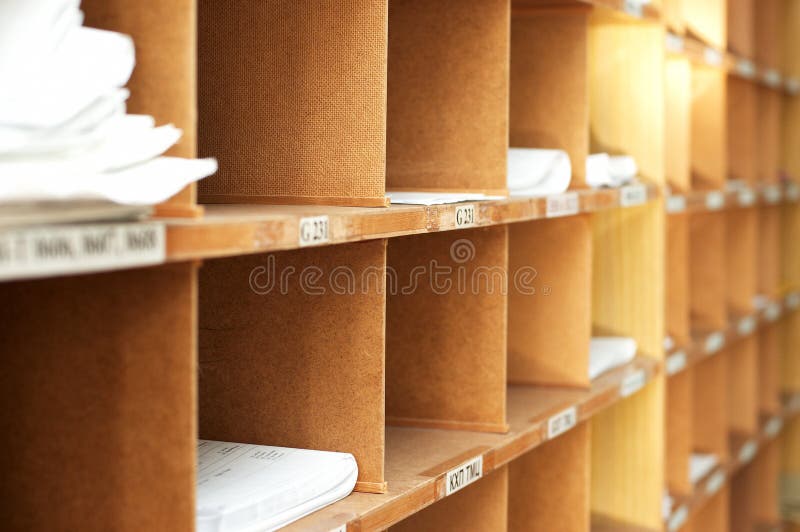 Bookshelf with Papers in Archive Stock Image - Image of college, cover ...