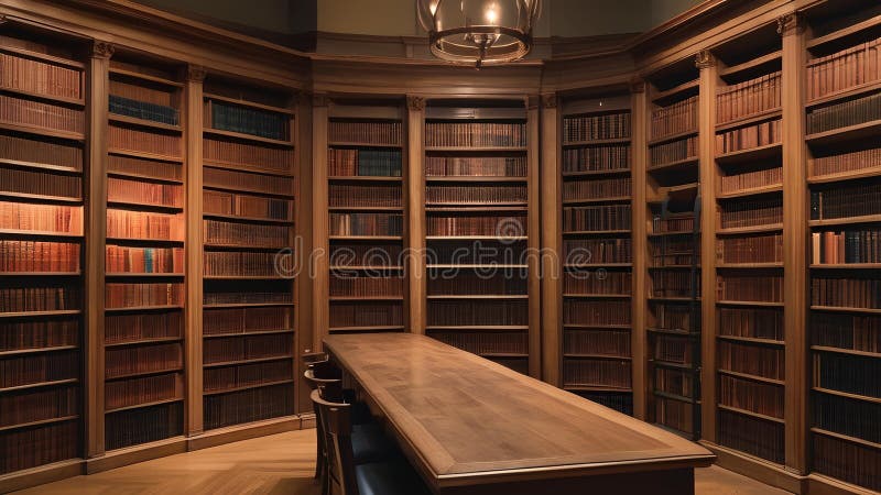 Bookshelf in a Public Library Room with a Wooden Table and Dimly Lit ...