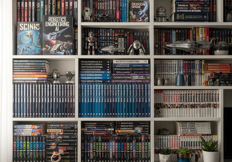 Bookshelf with Sci-Fi Novels and Tech Encyclopedias Stock Illustration ...