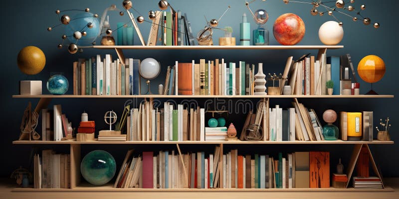 Bookshelf with Scientific Literature Surrounded by Three-dimensional ...