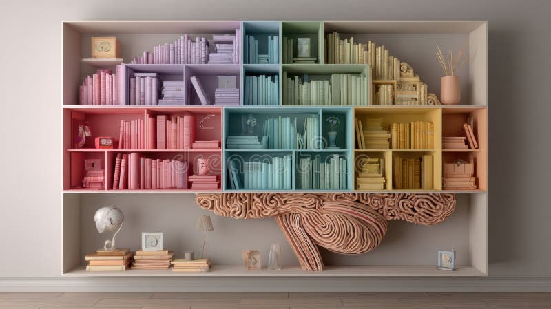 Bookshelf Transforming into a Brain in Soft Pastel Colors, Showcasing ...
