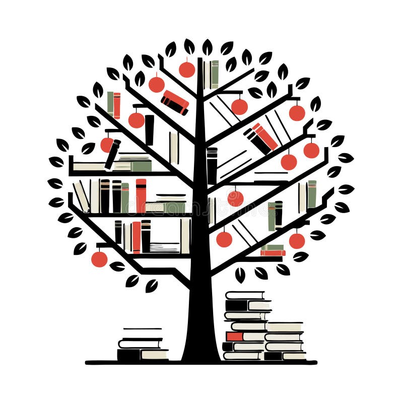 Bookshelf Tree with Books and Apples Educational Vector Art for ...