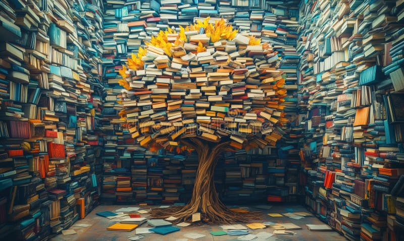 Bookshelf Tree Sculpture Surrounded by Colorful Books in Cozy Library ...