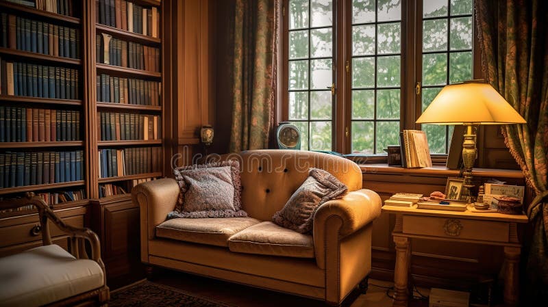 Bookshelves in the Library. Large Bookcase with Lots of Books. Sofa in the Room for Reading ...