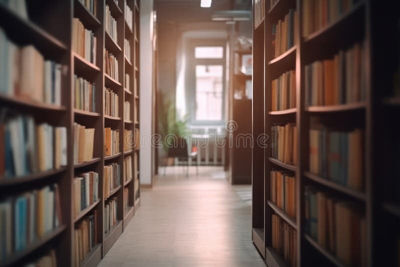 Bookshelves in a Warmly Lit Library Corridor. Generative AI Stock Photo ...