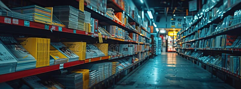 Bookstore Aisle with Stacks of Books Stock Illustration - Illustration ...