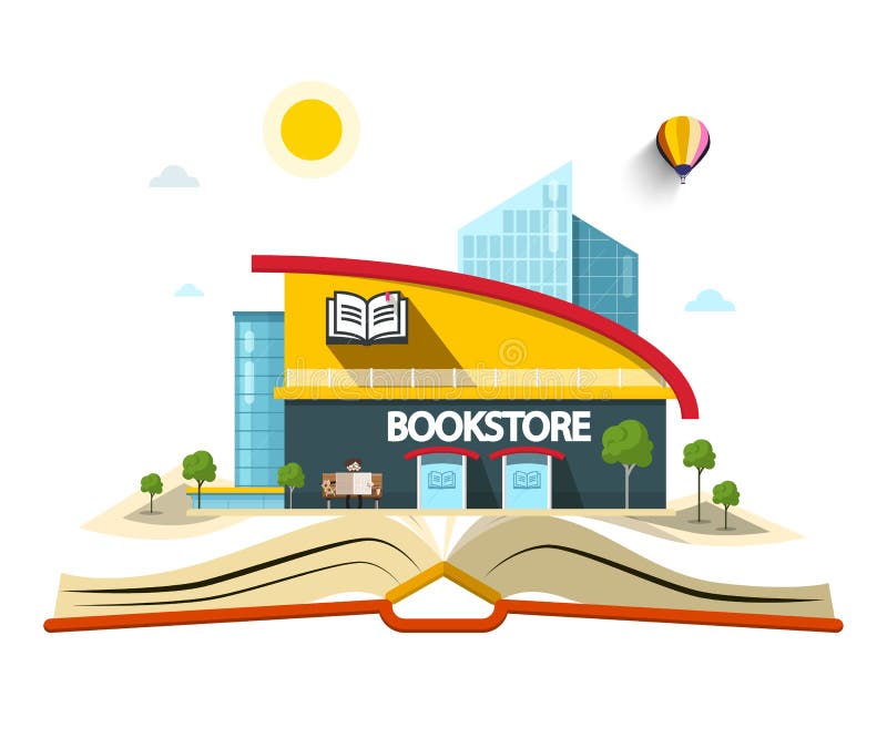 Bookstore Building on Open Book Stock Vector - Illustration of stack ...