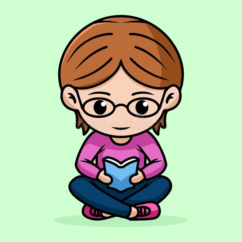 Bookworm Chibi Character Reading a Book, Sitting Cross Legged Stock ...