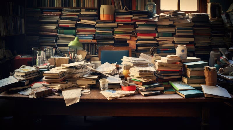 Bookworm clutter desk stock illustration. Illustration of chaos - 361199098