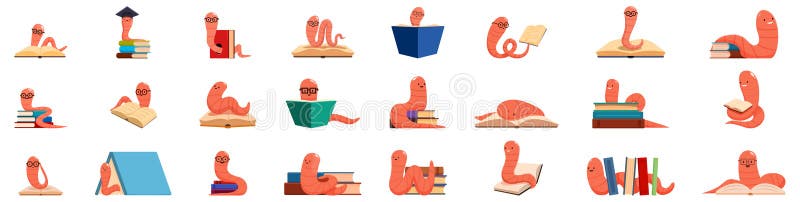 Bookworm Icons Set. Bookworm Character Set, Cute Worm Reading Books and ...