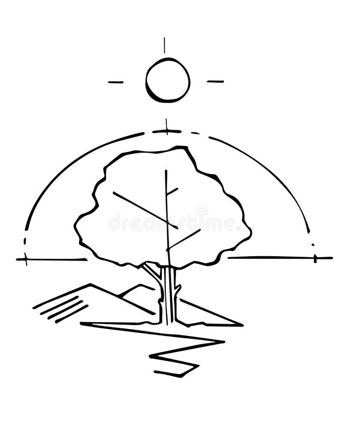 Boom En Zon Het Symbool Van De Inkttekening Vector Illustratie ...