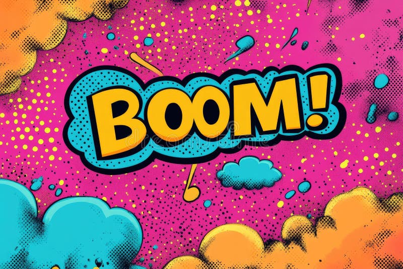 Boom Exploding with Colorful Clouds and Paint Splatter Background Stock ...