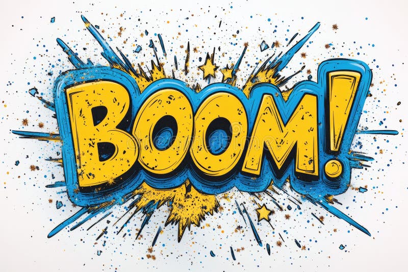 Boom Exploding Comic Sound Effect with Golden Glitter and Stars Stock ...
