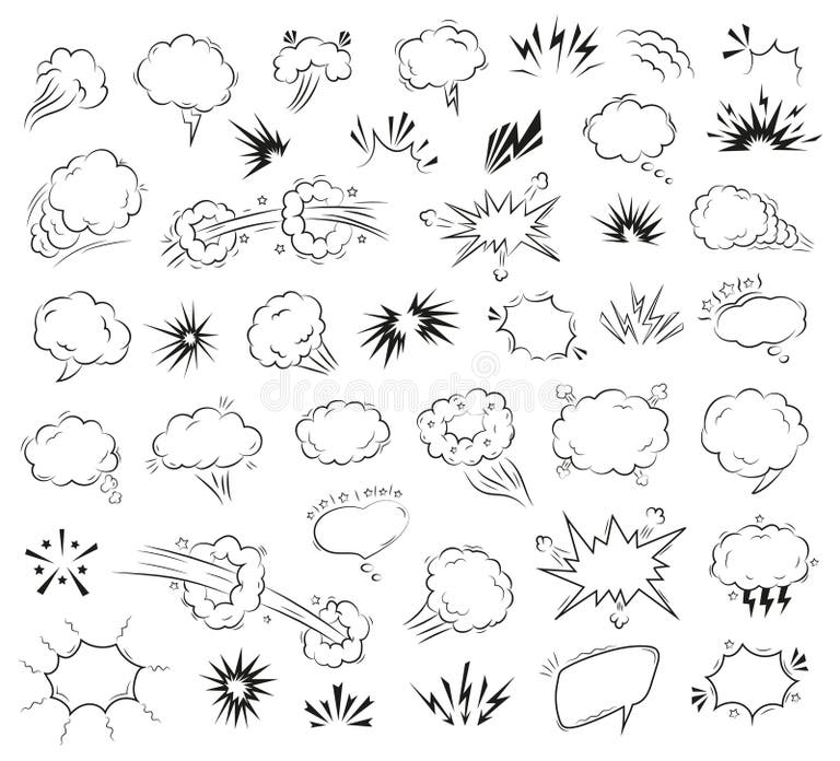 Boom, Smoke Effects and Explosion Elements Vector. Comic-style Zap, Bam, and Smoke Sketch ...