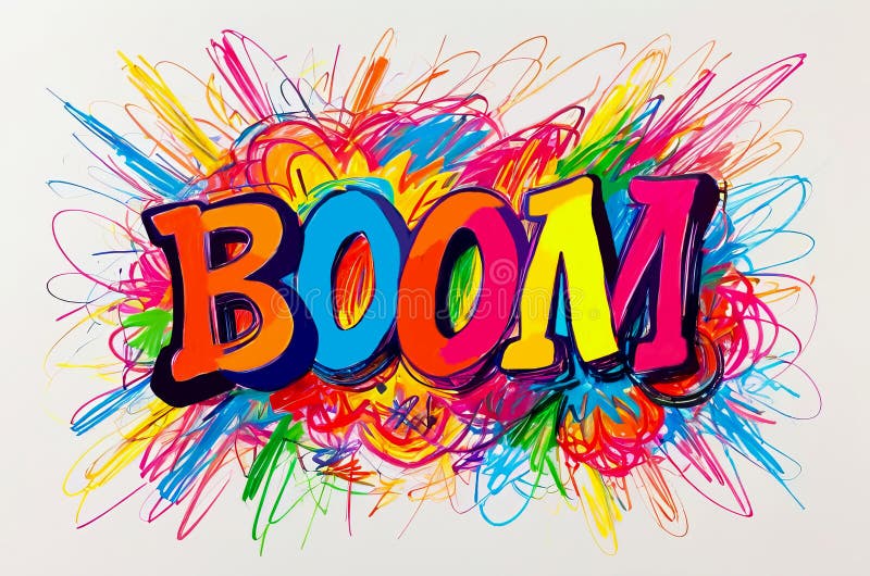 Boom Text in Scribbles Chaotic Wax Crayon Drawing Style Stock Image ...