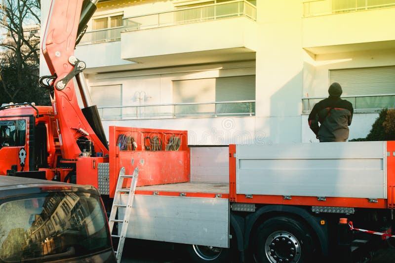 Boom Truck with Worker Controlling Altitude Stock Image - Image of load ...