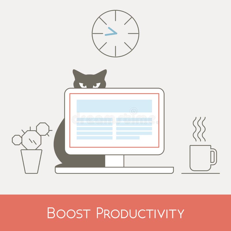 Boost Work Productivity at Office Desk Computer, Line Vector ...