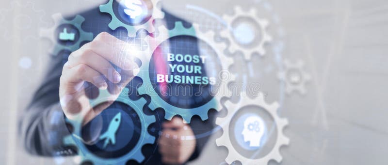 Boost Your Business on Virtual Screen Gears. Business Technology Internet and Network Concept ...