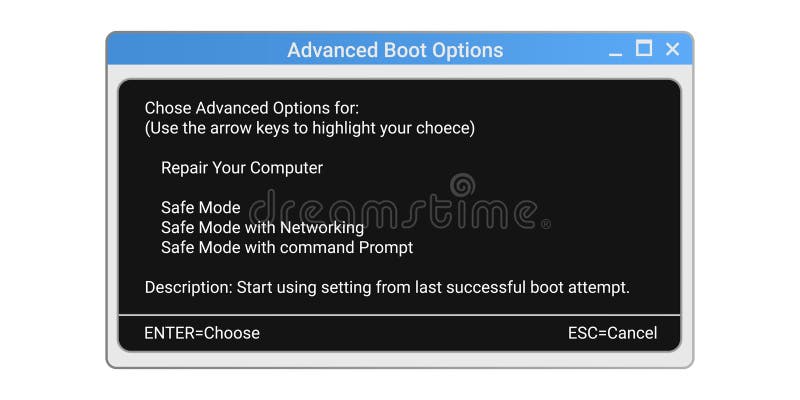Boot Menu Options in Safe Mode. Repair System Settings on Computer ...